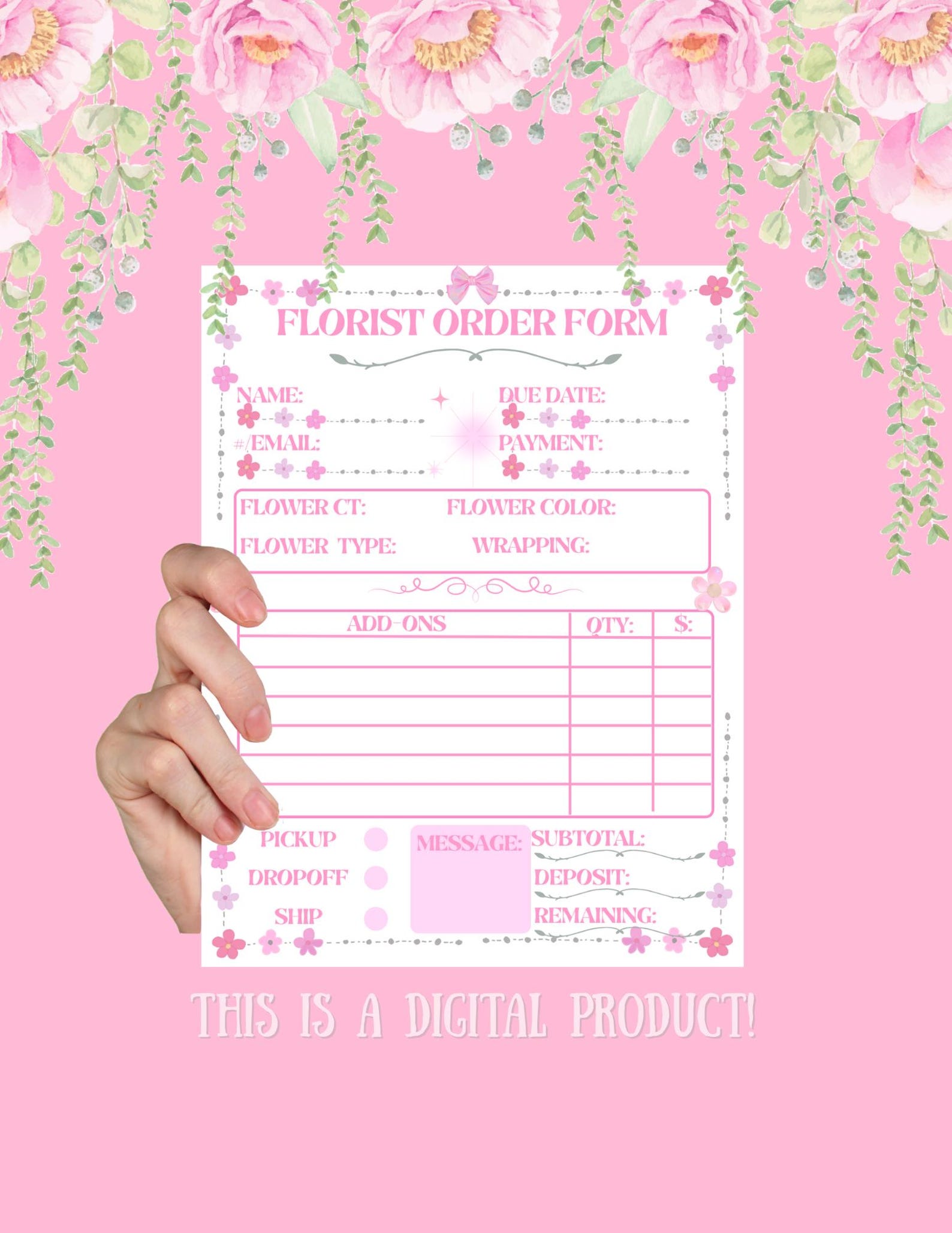 Flower Order Form for Florist Business Owners Printable Organization ...