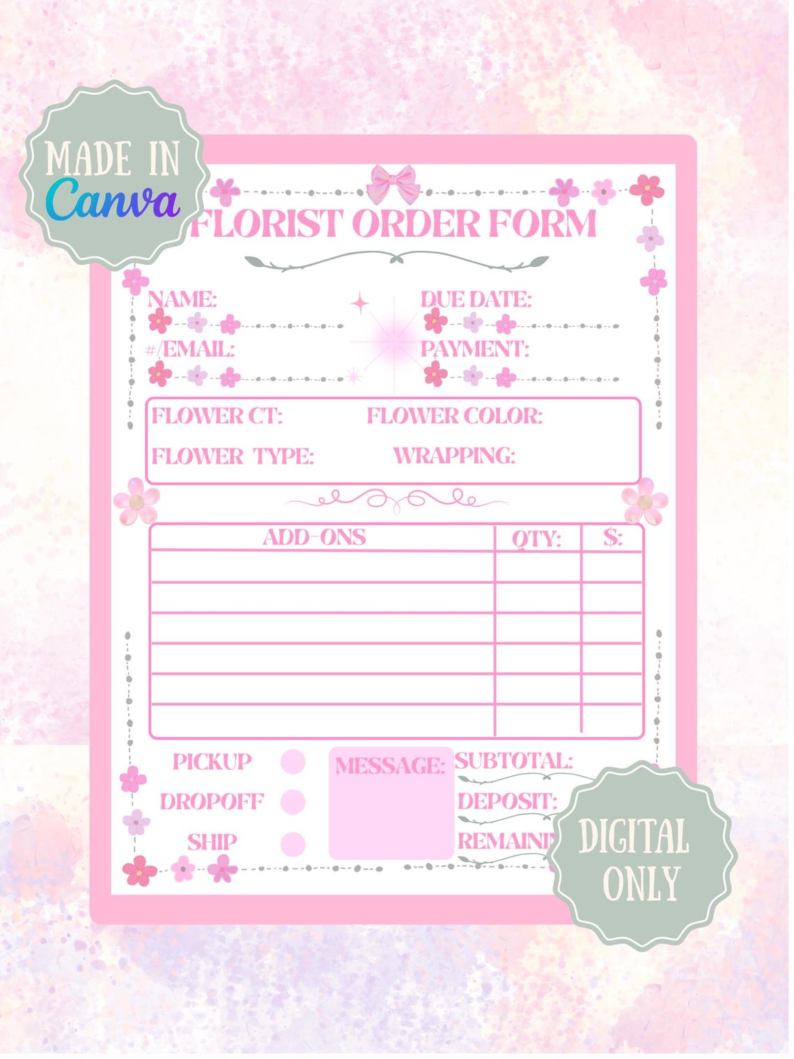 Flower Order Form for Florist Business Owners Printable Organization ...