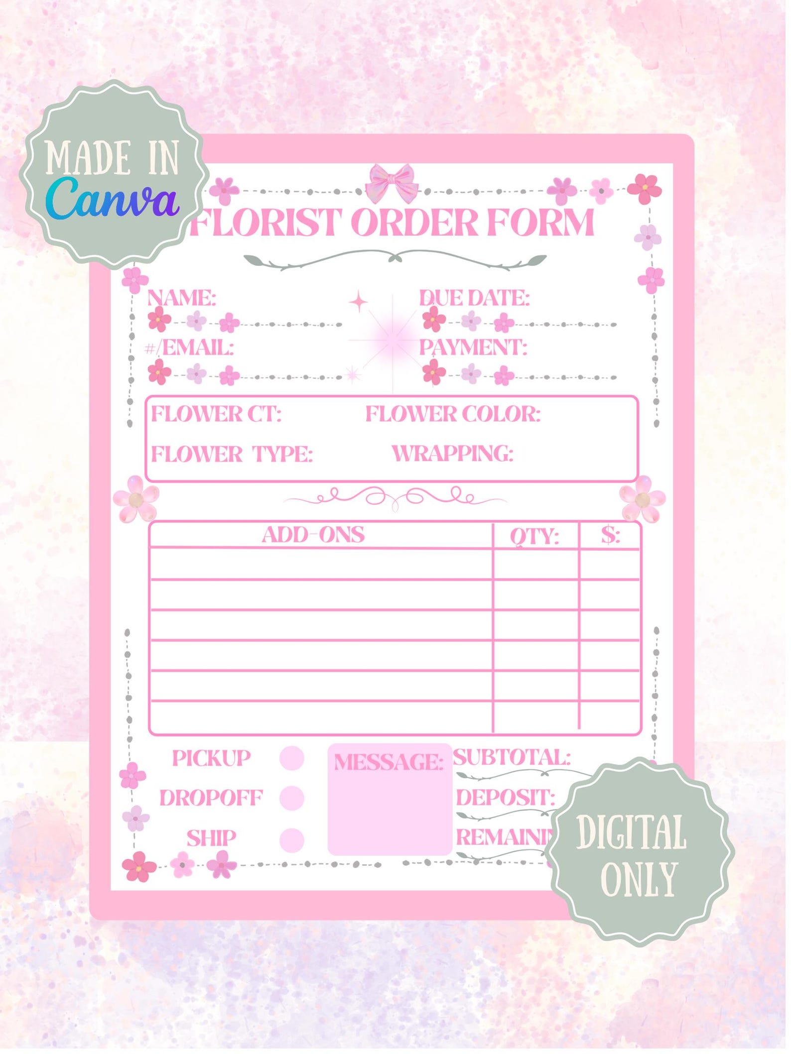 Flower Order Form for Florist Business Owners Printable Organization ...