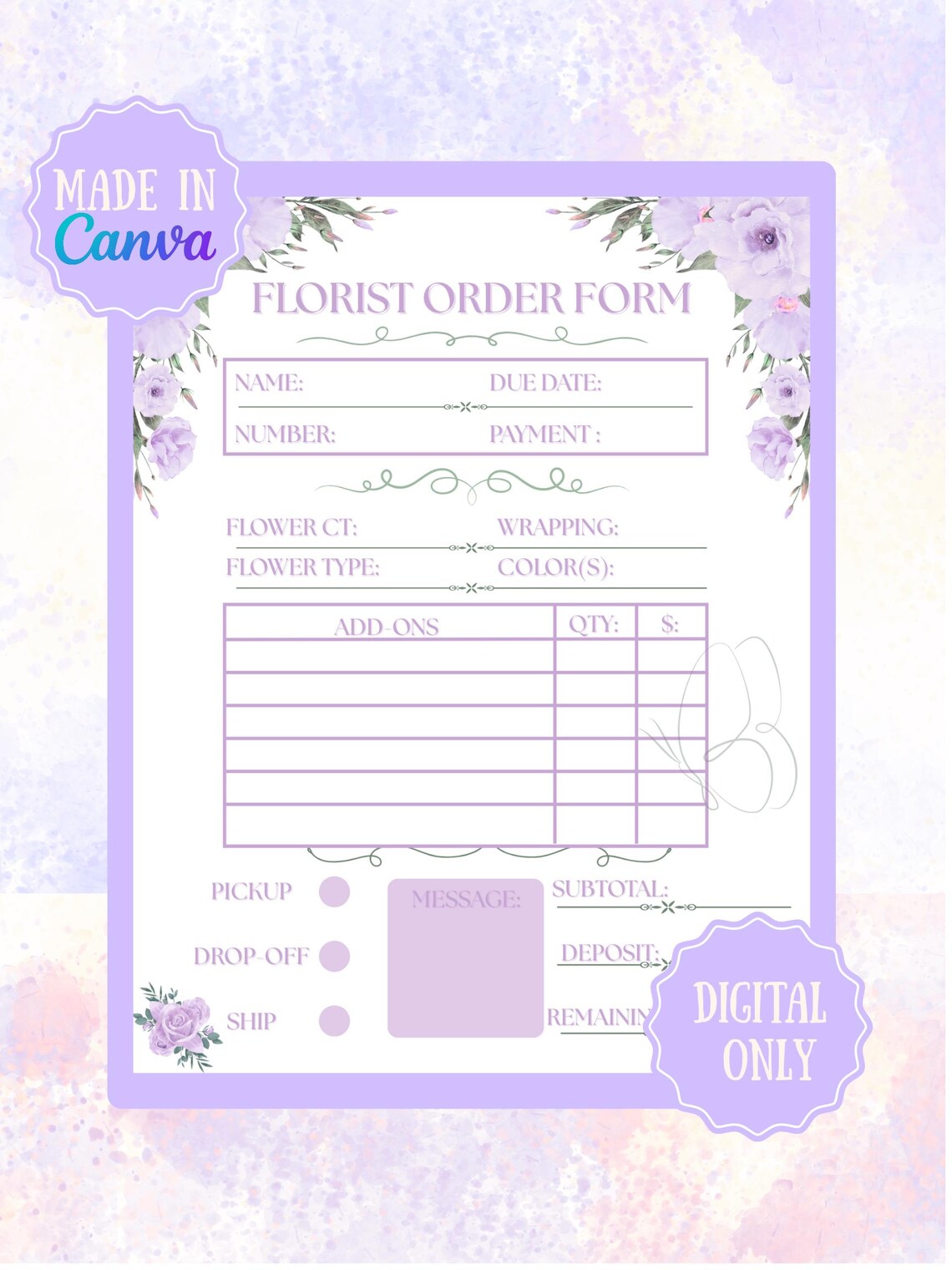 Flower Order Form for Florist Business Owners,printable, Organization ...