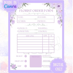 Flower Order Form for Florist Business Owners,printable, Organization ...