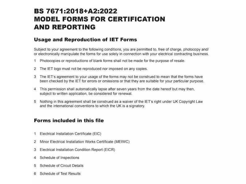 Electric Certificate & Reporting EIC, EICR, Minor Works BS7671 PDF Forms - Etsy