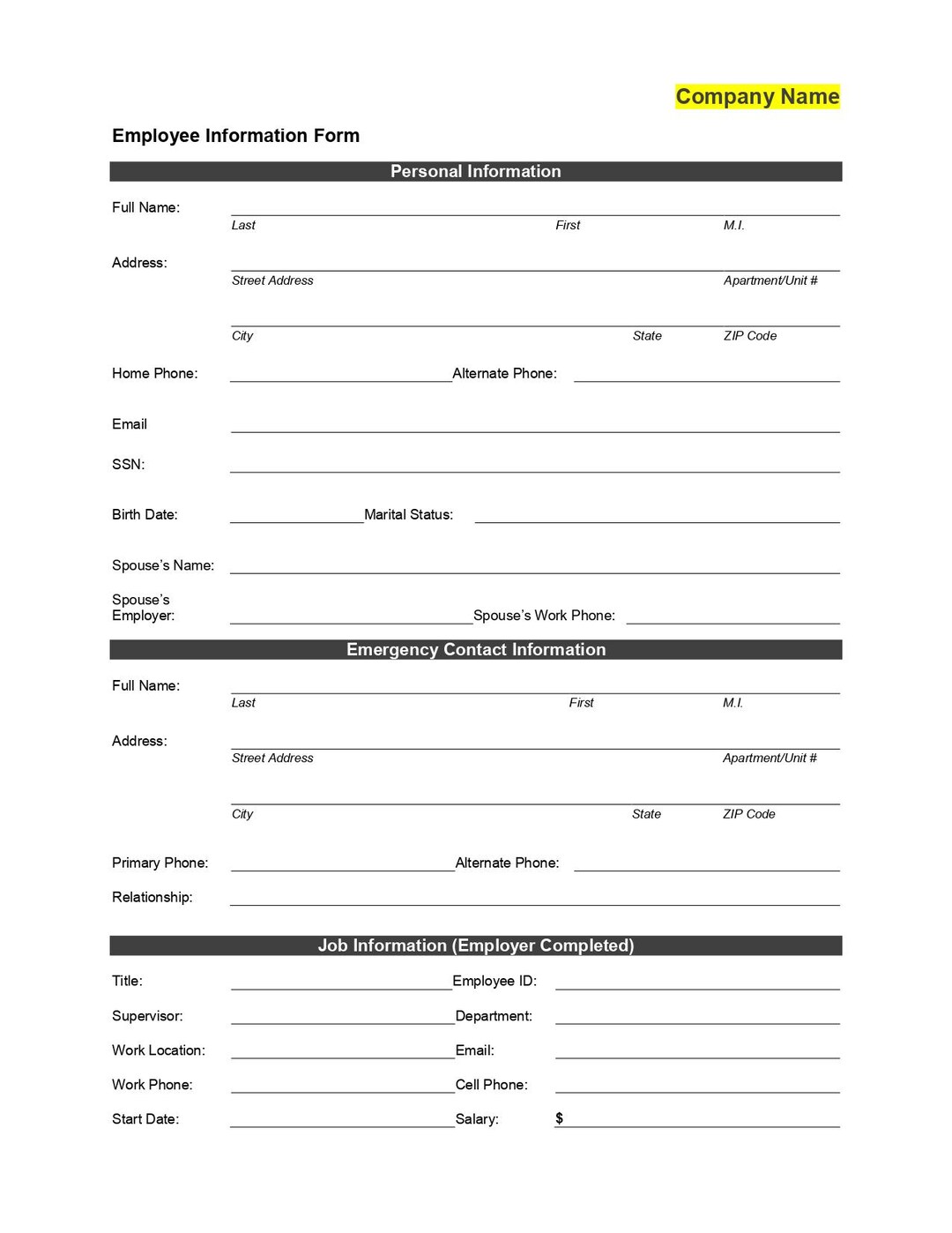 Employee Information Form PDF Printable A4 - Etsy