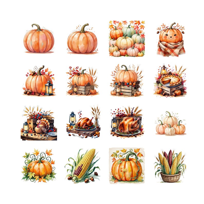 Thanksgiving Watercolor Clipart Bundle – 60+ Cozy Autumn PNG | Pumpkins ...
