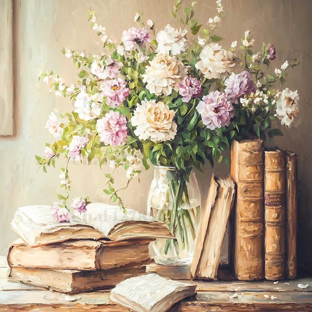 Vintage Floral Book Stack Wall Art Set – Romantic Still Life Printable ...