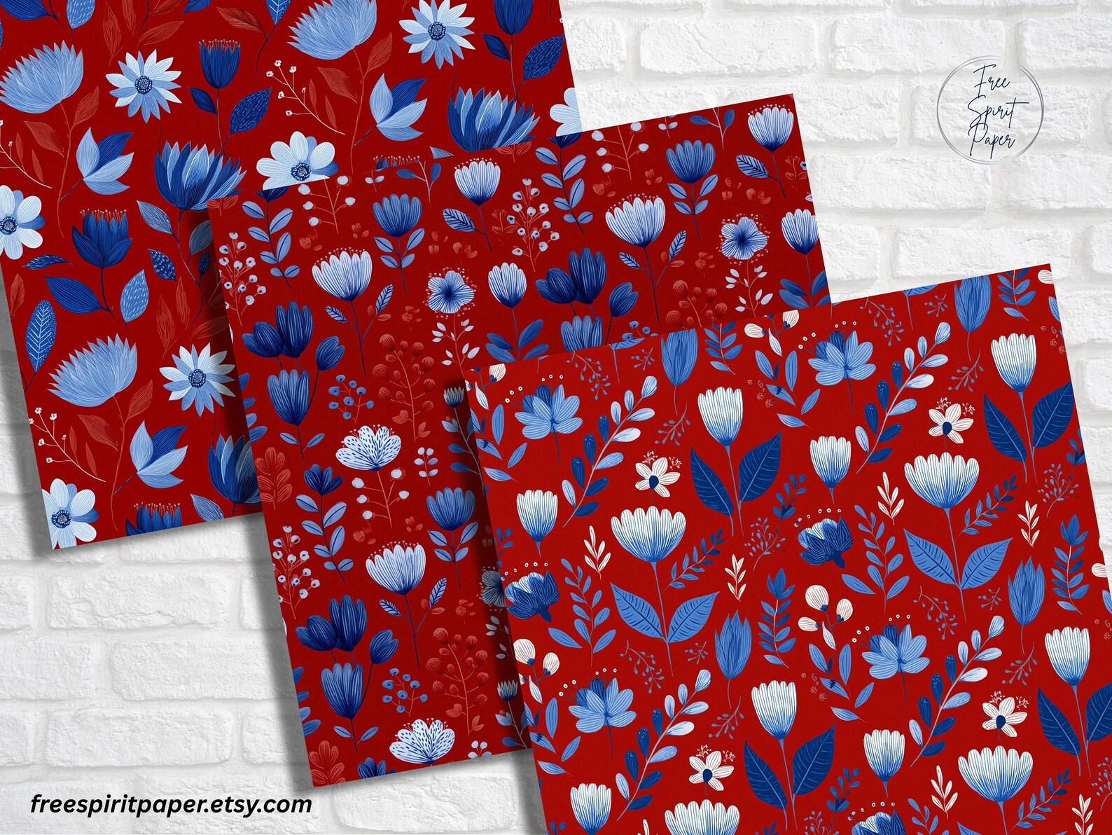 Folk Bloom Parade – Red White Blue Floral Digital Paper Pack – 15 ...