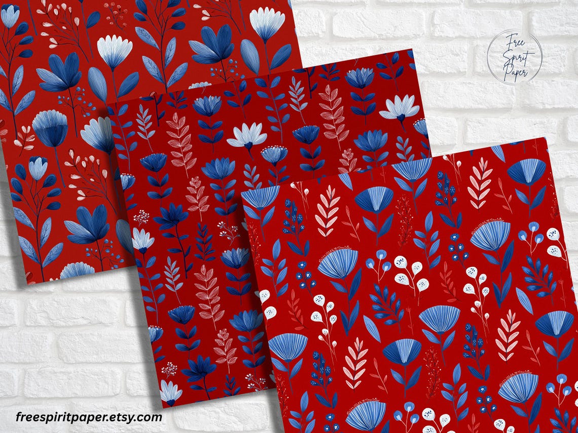 Folk Bloom Parade – Red White Blue Floral Digital Paper Pack – 15 ...