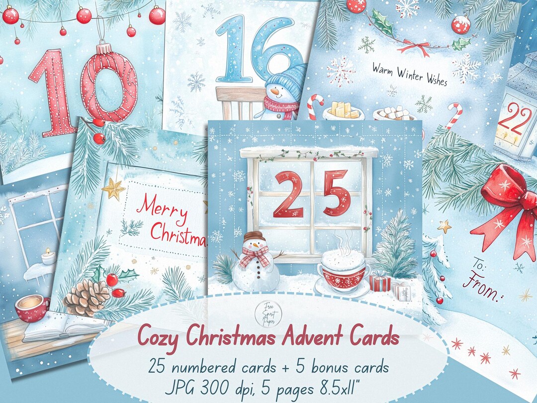 Cozy Watercolor Christmas Advent Calendar Cards, 25 Numbered Square ...