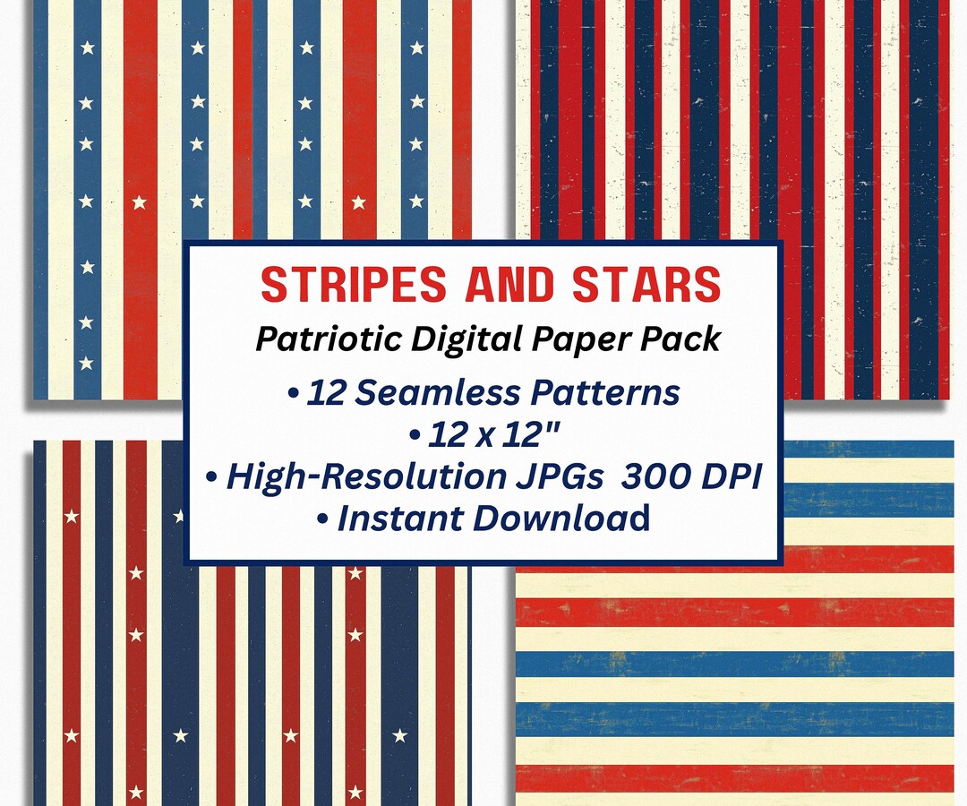 Patriotic Stars and Stripes Digital Paper – Red White Blue 4th of July ...