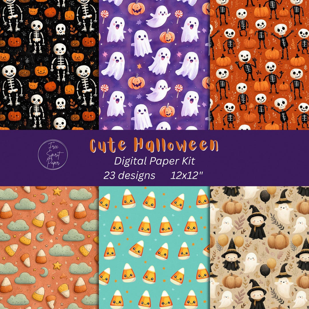 Cute Halloween Digital Paper Pack, 23 JPG 12x12 Inches 300 DPI, Kawaii ...