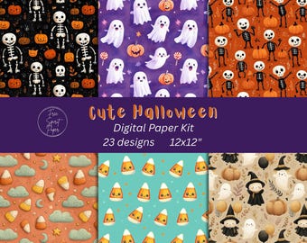Cute Halloween Digital Paper Pack, 23 JPG 12x12 Inches 300 DPI, Kawaii ...