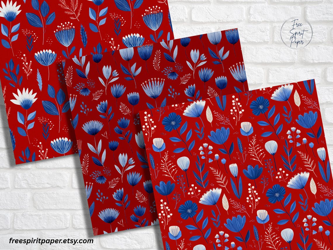 Folk Bloom Parade – Red White Blue Floral Digital Paper Pack – 15 ...