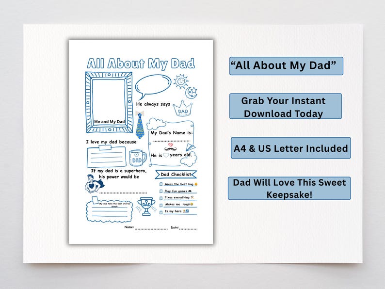 All About My Dad Printable Worksheet, Father's Day Activity (digital ...