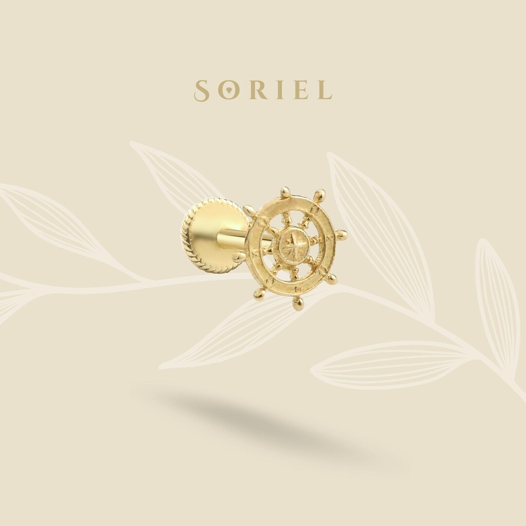14K Solid Gold Ship Helm Flat Back Earrings Tragus Earring Studs ...