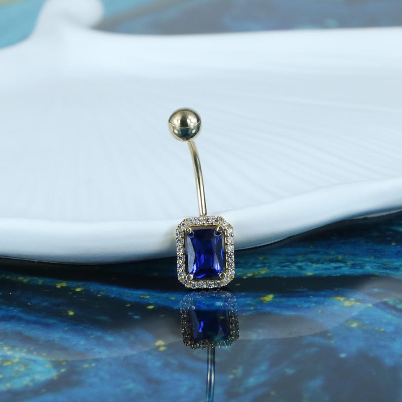 Piercing de umbigo retangular azul em ouro 14K, simples e autêntico ...