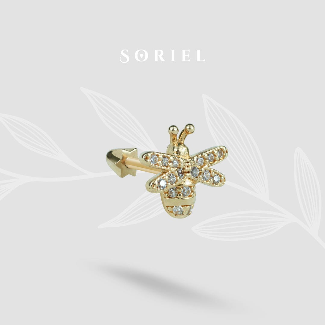 Bee Flatback Ear Piercing 14K Gold With CZ Stone Honeybee Piercing Lobe ...