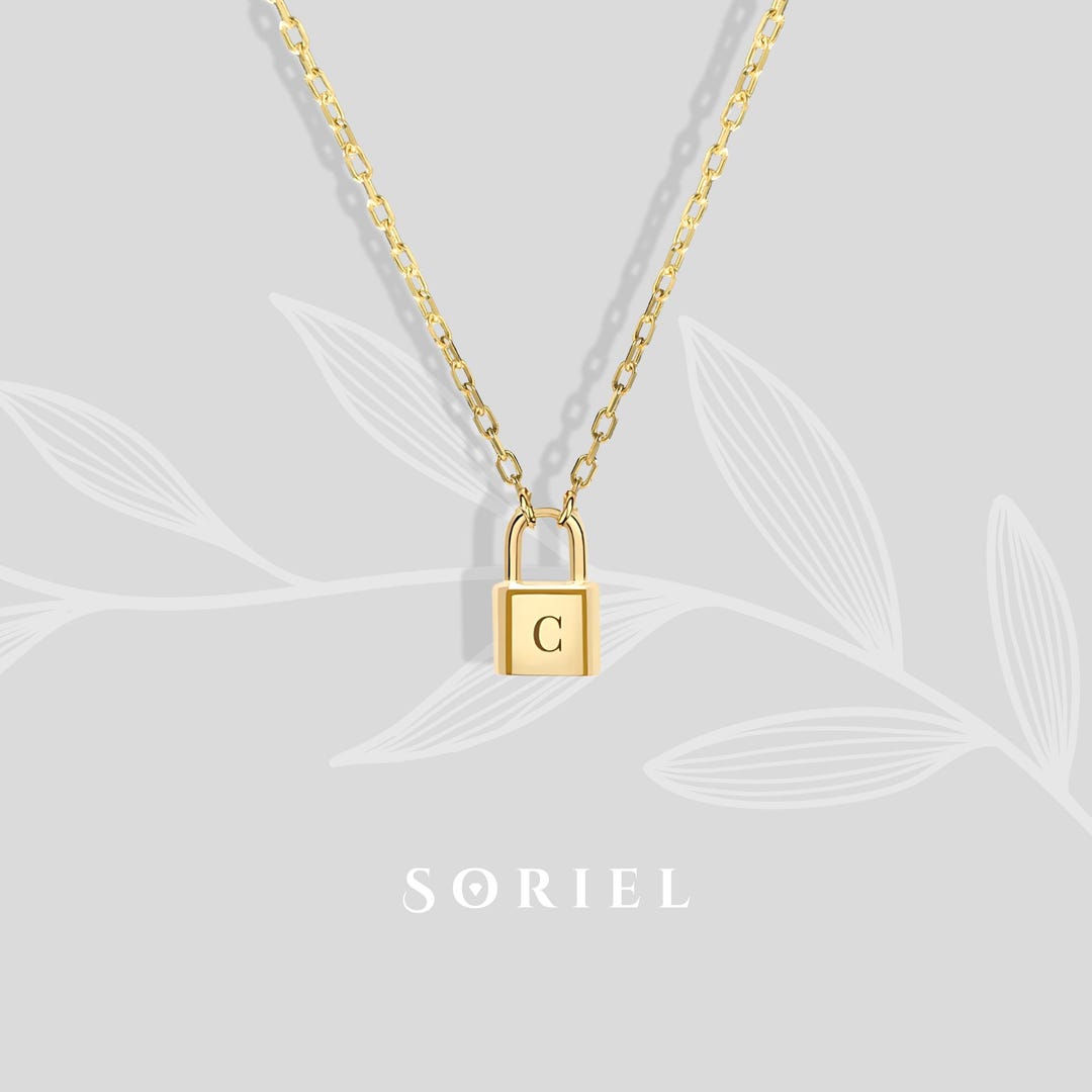14K Solid Gold Initial Necklace Lock Initial Custom Padlock ...