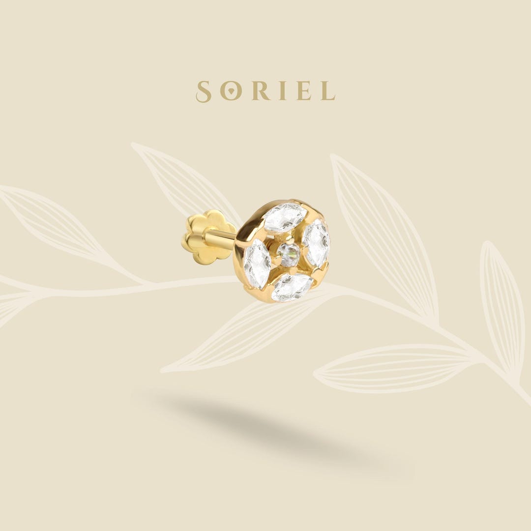 14K Solid Gold Round Stone Flatback Ear Piercing With CZ Stone Helix ...