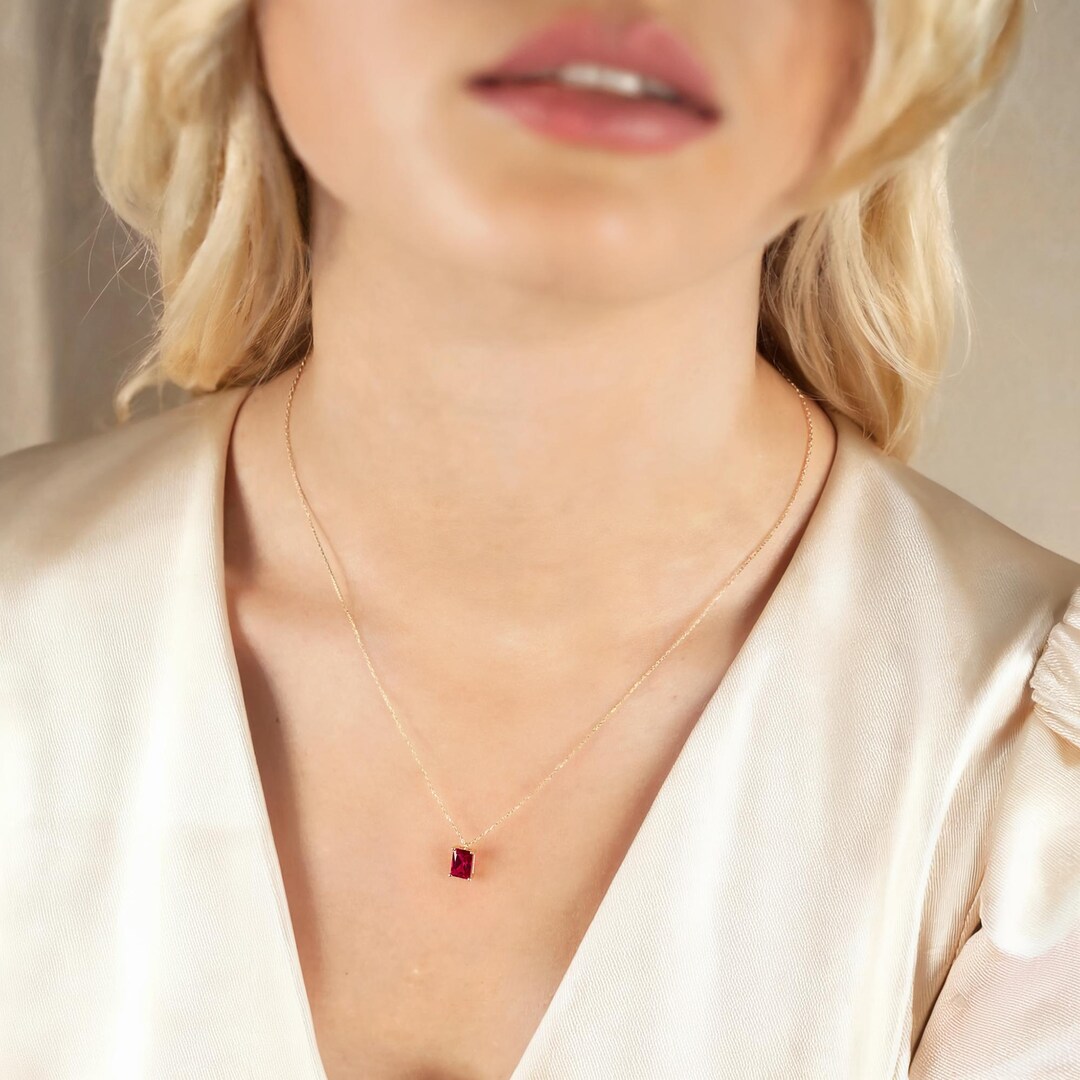 14K Solid Gold Ruby Rectangle Birthstone Gemstone Necklace Custom Personalized Minimalist Dainty ...