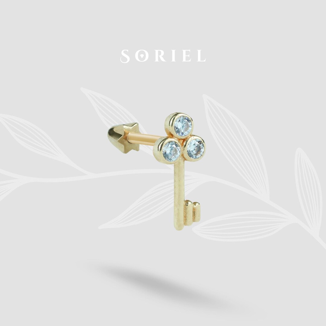 Key Flatback Ear Piercing 14K Gold With CZ Stone Helix Tragus Lock ...