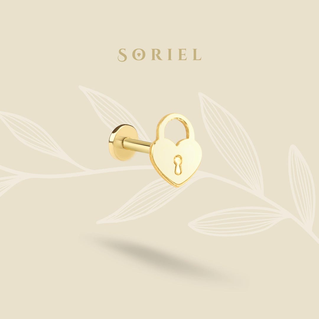14K Solid Gold Heart Lock Flatback Ear Piercing Padlock Valentine ...