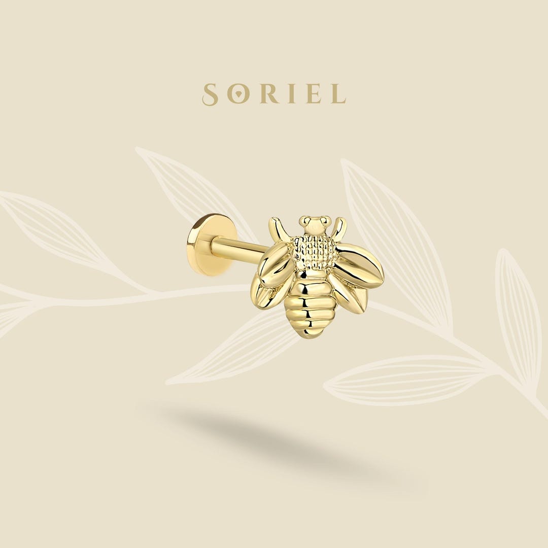 14K Solid Gold Honey Bee Flatback Ear Piercing Helix Everyday - Etsy