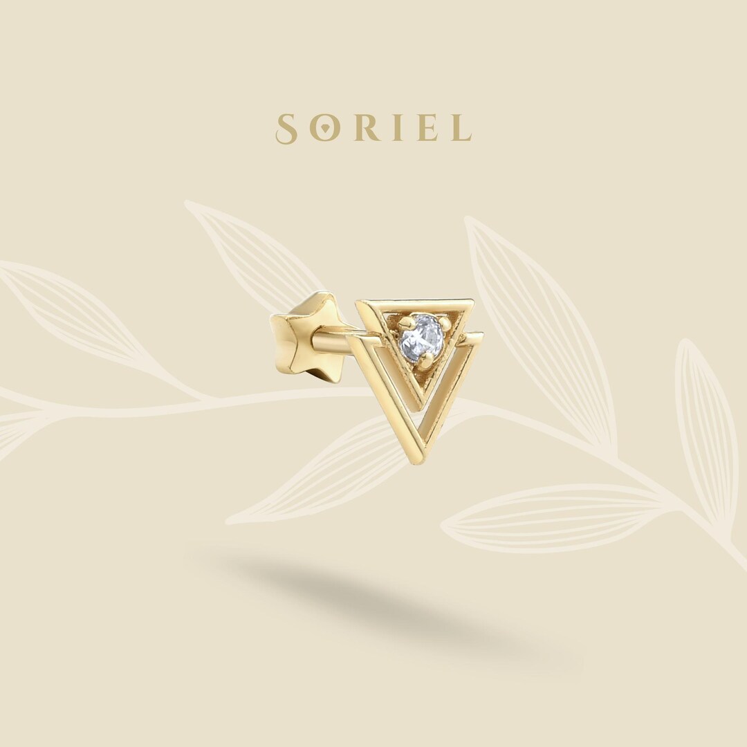 14K Solid Gold Triangle Glow CZ Flat Back Earrings Earring Studs Ear ...