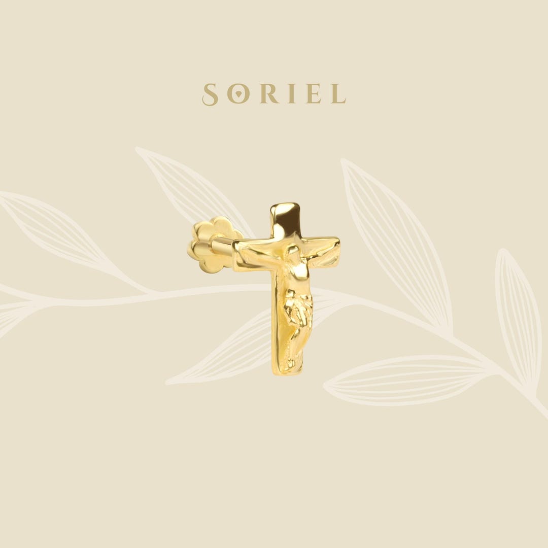 14K Solid Gold Jesus Holy Cross Flatback Ear Piercing Tragus Cartilage ...