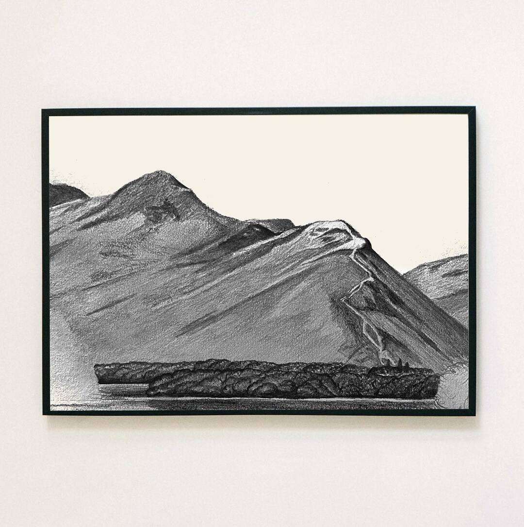 Mountain Art Print, Pencil Drawing, Catbells Fell Lake District Wall ...