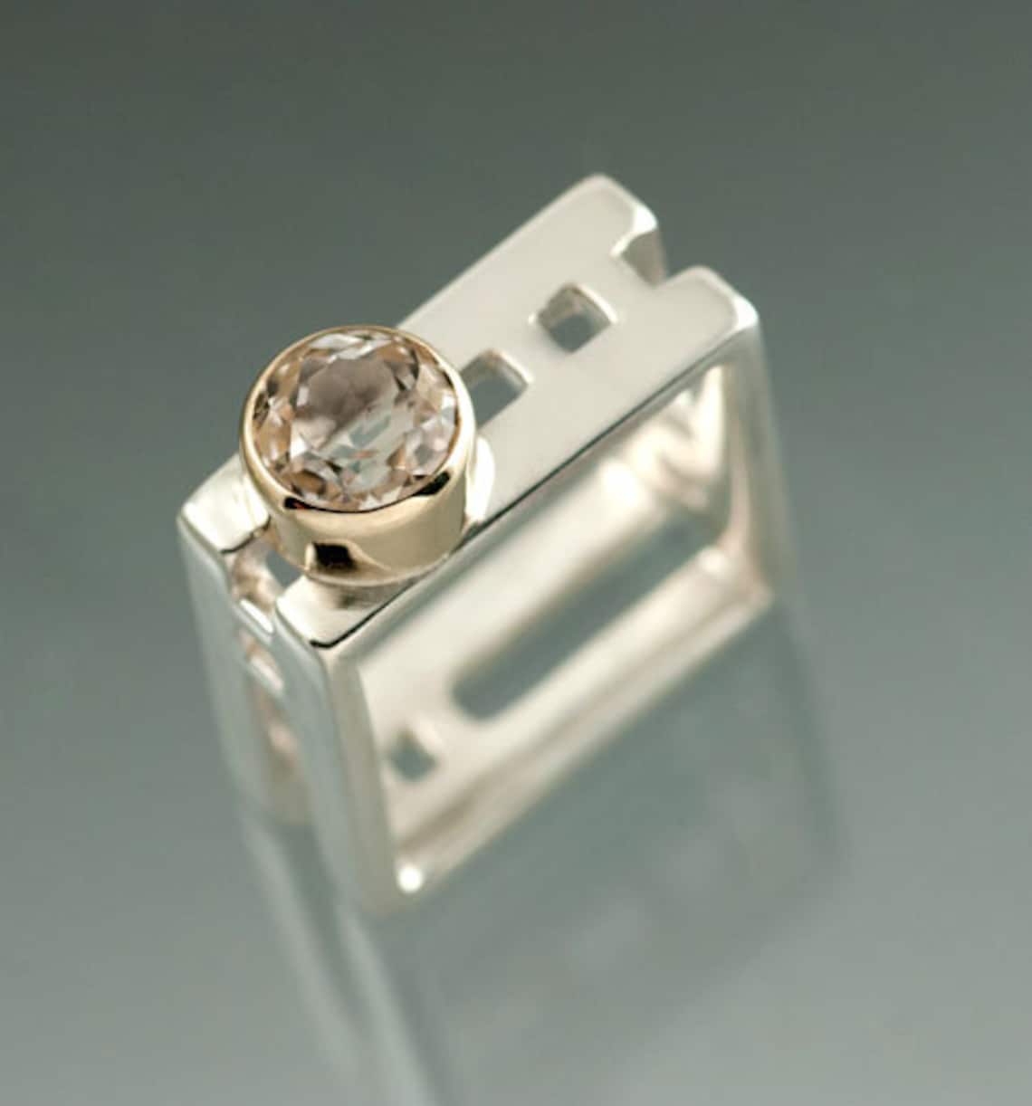 Handmade Sterling Silver Square Ring, Cubic Zirconia, Yellow Gold Bezel ...