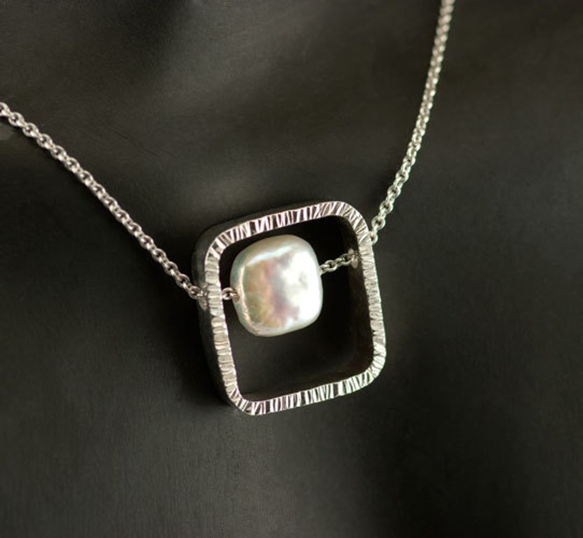 Silver Pearl Pendant Fresh Water Pearl Soft Square Textured Necklace - Etsy