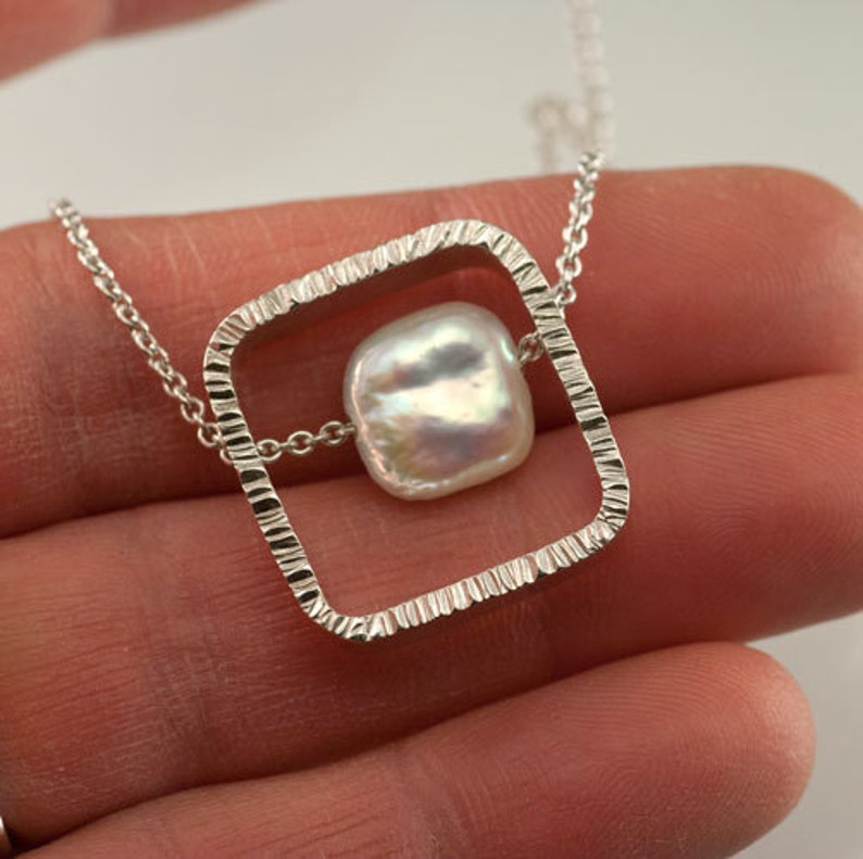 Silver Pearl Pendant Fresh Water Pearl Soft Square Textured Necklace - Etsy