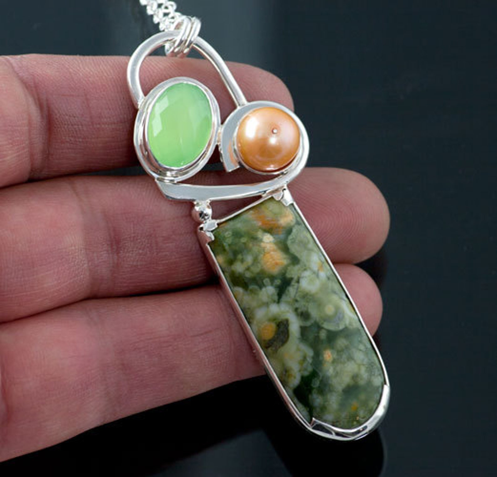 Handmade Rainforest Jasper Pendant, Peach Pearl, Sterling Silver ...