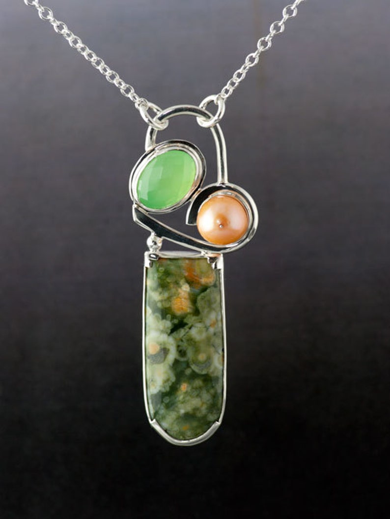 Handmade Rainforest Jasper Pendant, Peach Pearl, Sterling Silver ...