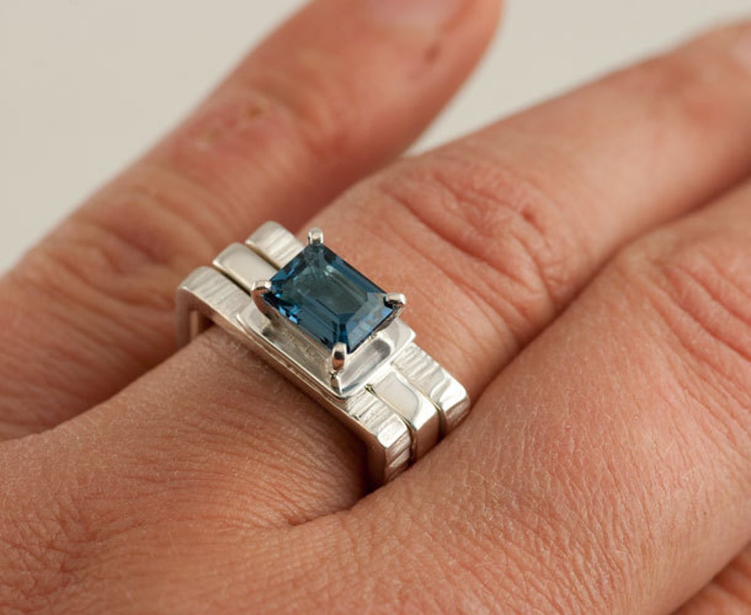 London Blue Topaz 3 Square Ring Set, 8x6mm Dark Blue Topaz Emerald Cut ...