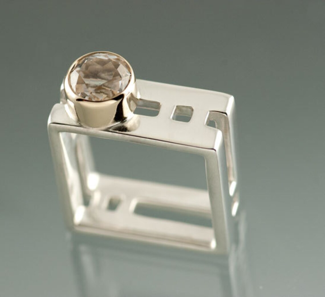 Large Sterling Silver Square Ring With White Topaz Yellow Gold - Etsy