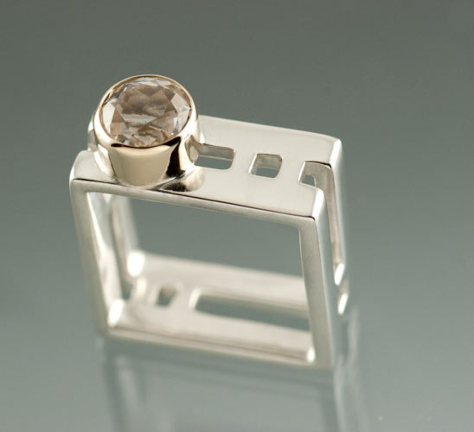 Large Sterling Silver Square Ring With White Topaz Yellow Gold - Etsy