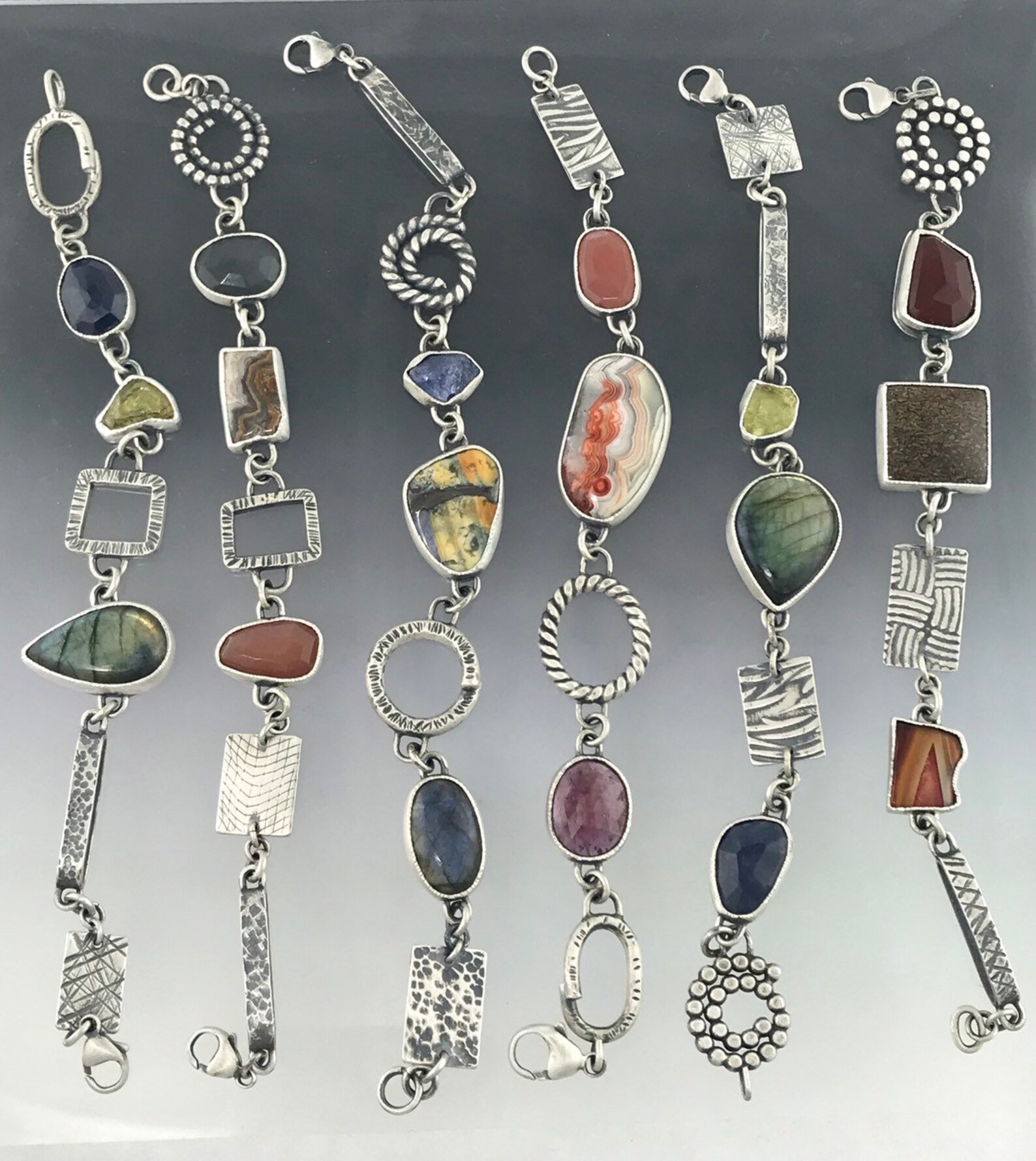 Handmade Sterling Silver Gemstone Link Bracelet, Petrified Dinosaur ...
