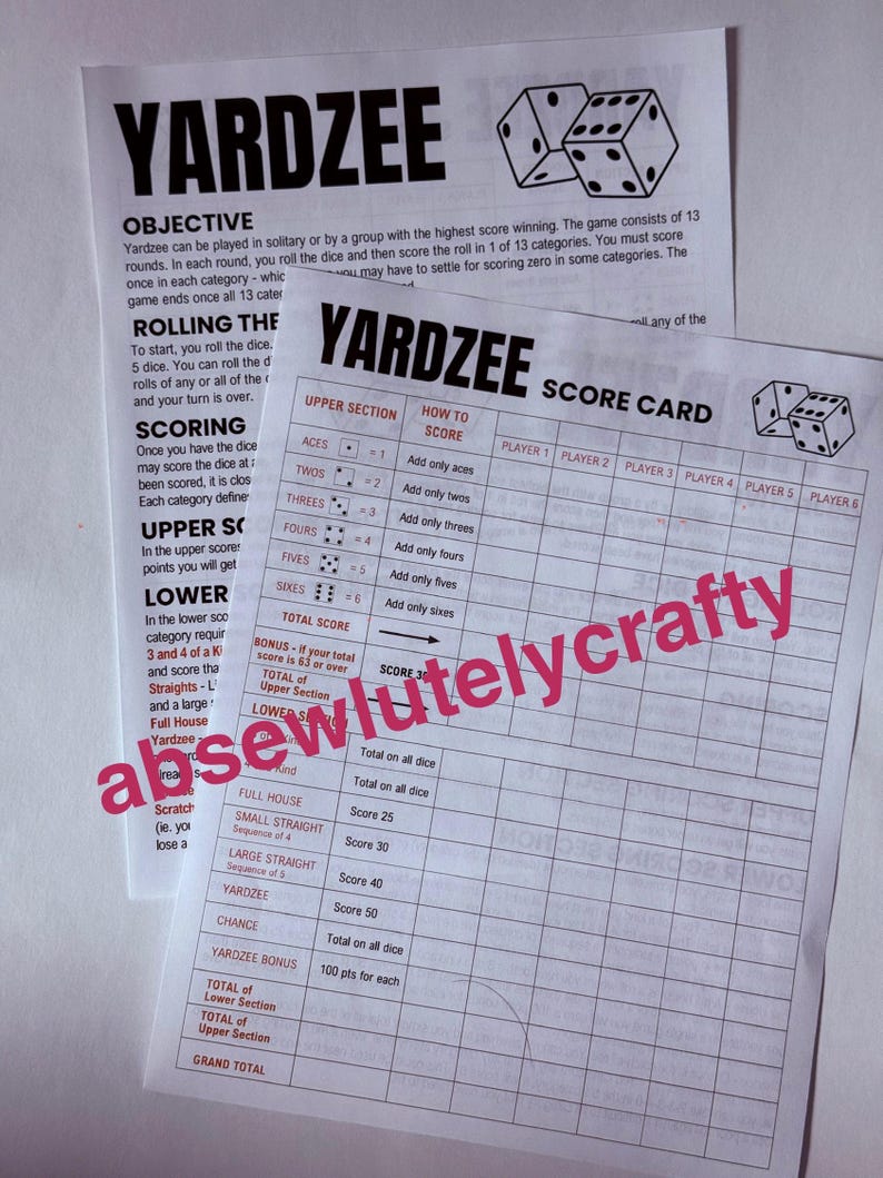 YARDZEE Score Card and Rules Pdf - Digital Download - Etsy