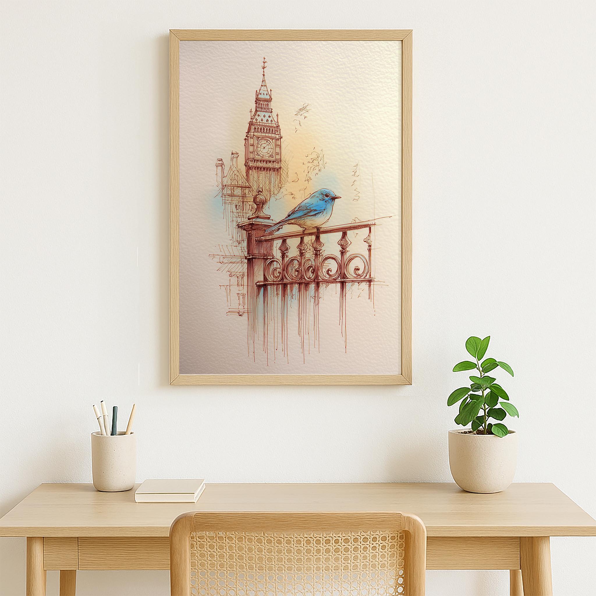 Bluebird and Big Ben Ink Sketch - Watercolor London Balcony ...