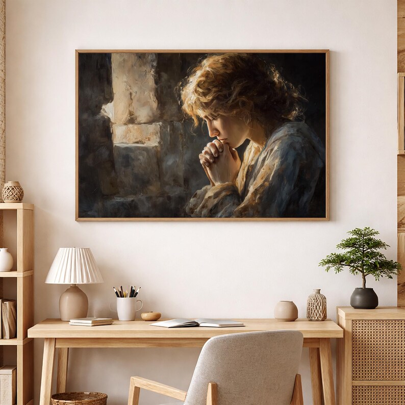 Contemplative Prayer Wall Art: Classical Oil Painting of a Quiet ...