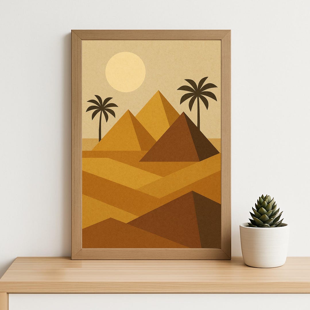 Retro Egypt Pyramids Geometric Wall Art – Mid Century Desert Landscape ...