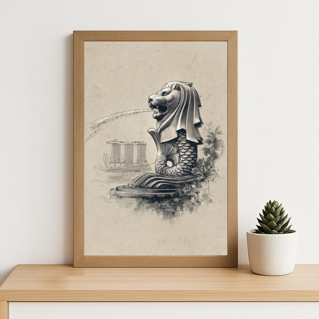 Singapore Merlion Illustration: Vintage Line Art Landmark Print, Asian ...