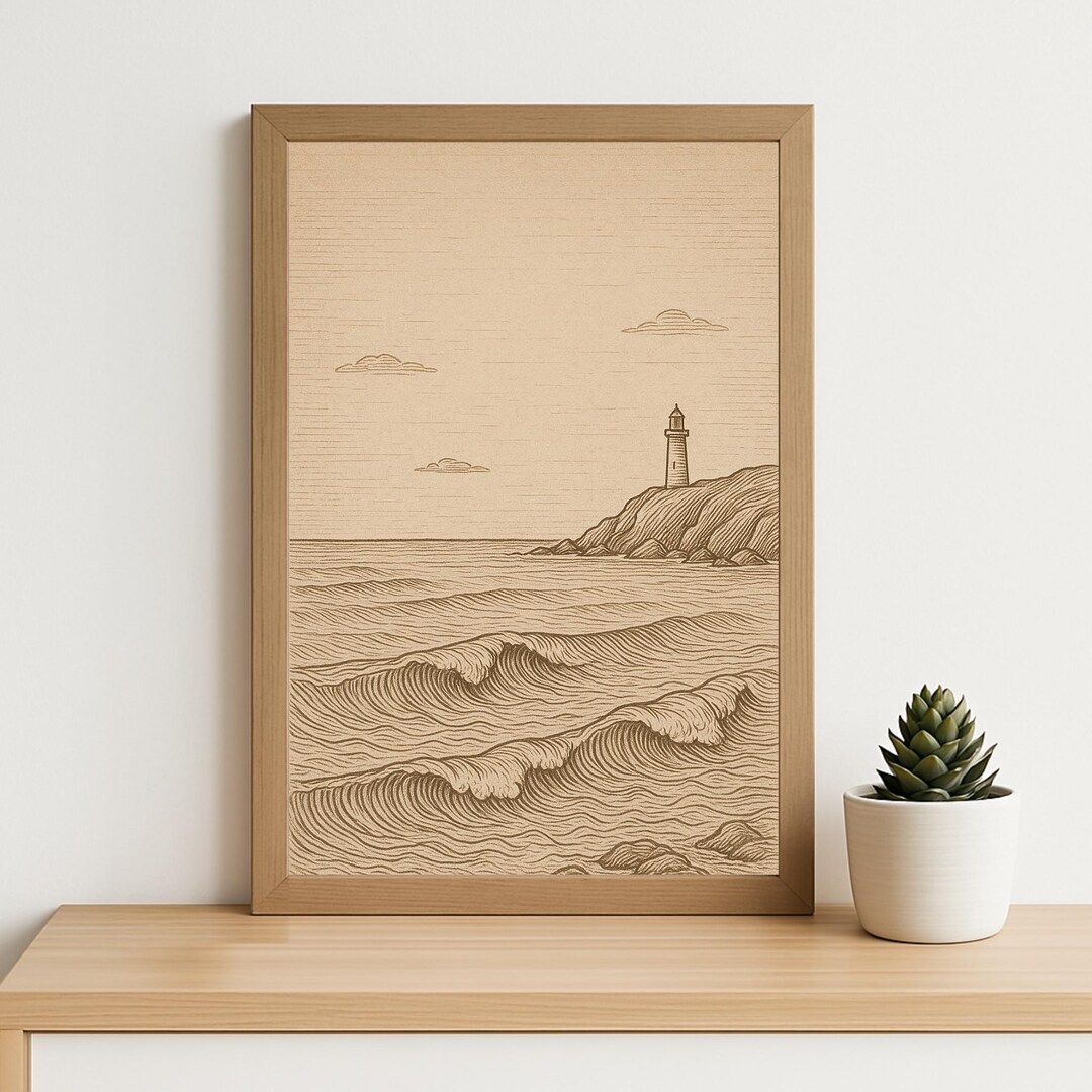 Vintage Hokkaido Coastal Line Art: Japanese Lighthouse Wall Print ...
