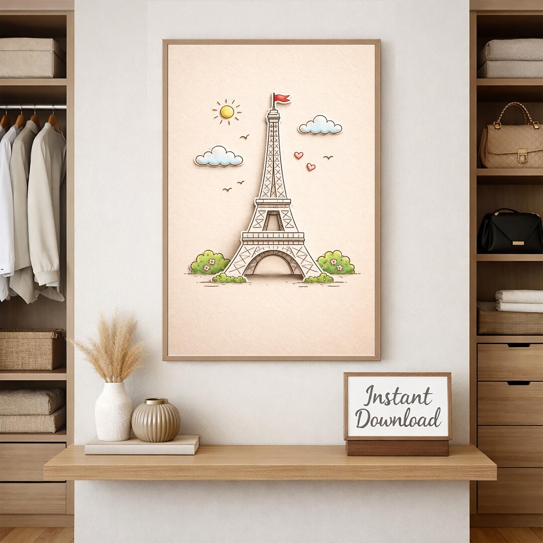 Eiffel Tower Cute Illustration Wall Art: Paris Landmark Nursery Decor ...