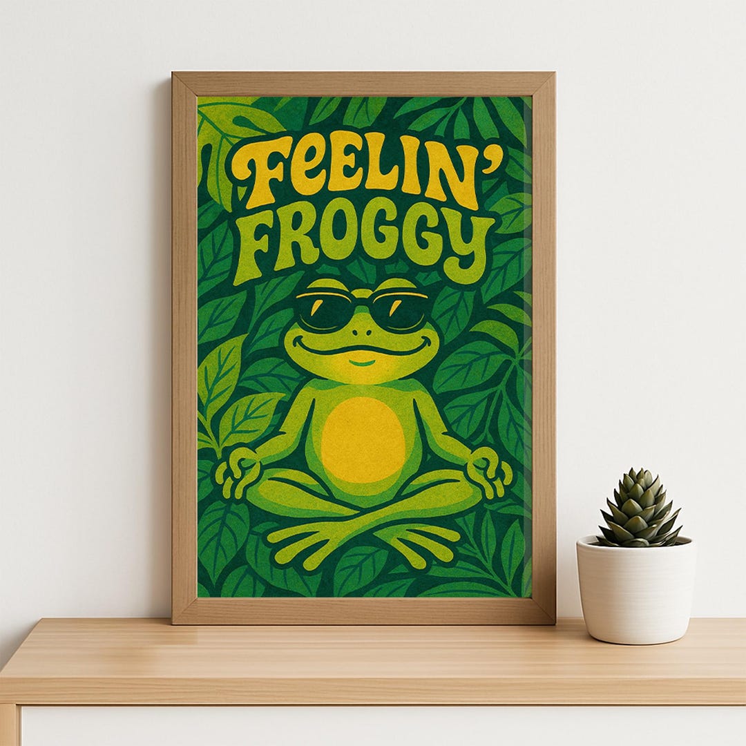 Feelin' Froggy Retro Poster - Funny Groovy Frog Wall Art, Meditation ...