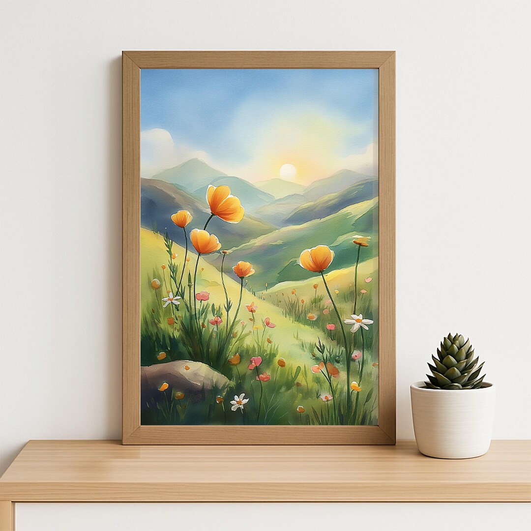 Sunny Wildflower Meadow Art Print- Peaceful Mountain Sunrise Landscape ...