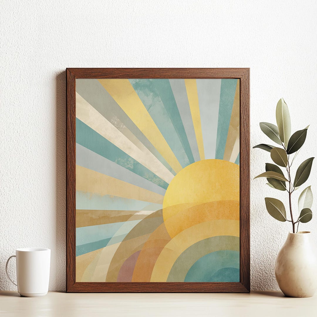Retro Sunrise Wall Art, 70s Style Abstract Sun Rays Print, Vintage Boho ...
