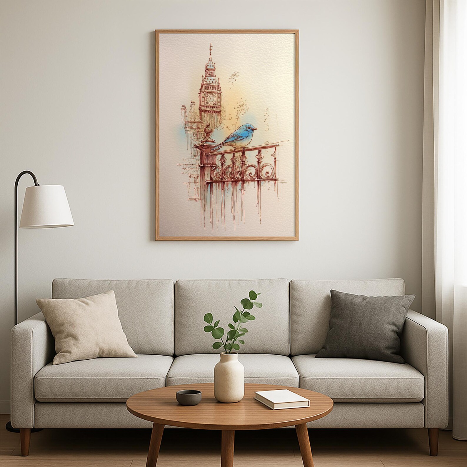 Bluebird and Big Ben Ink Sketch - Watercolor London Balcony ...