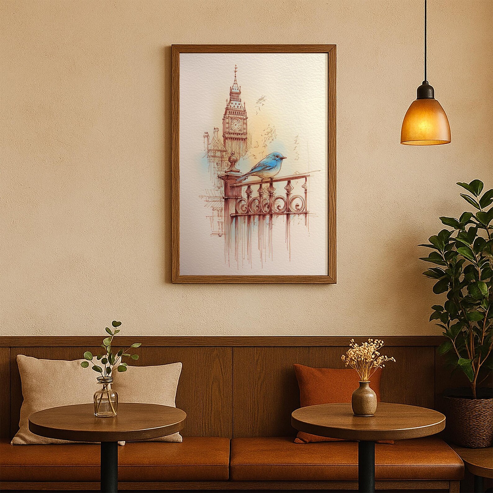 Bluebird and Big Ben Ink Sketch - Watercolor London Balcony ...